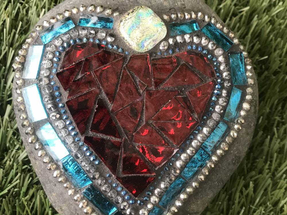 Turquoise and Red Heart Mosaic Beach Rock #24 | MAD Dreams Jewelry