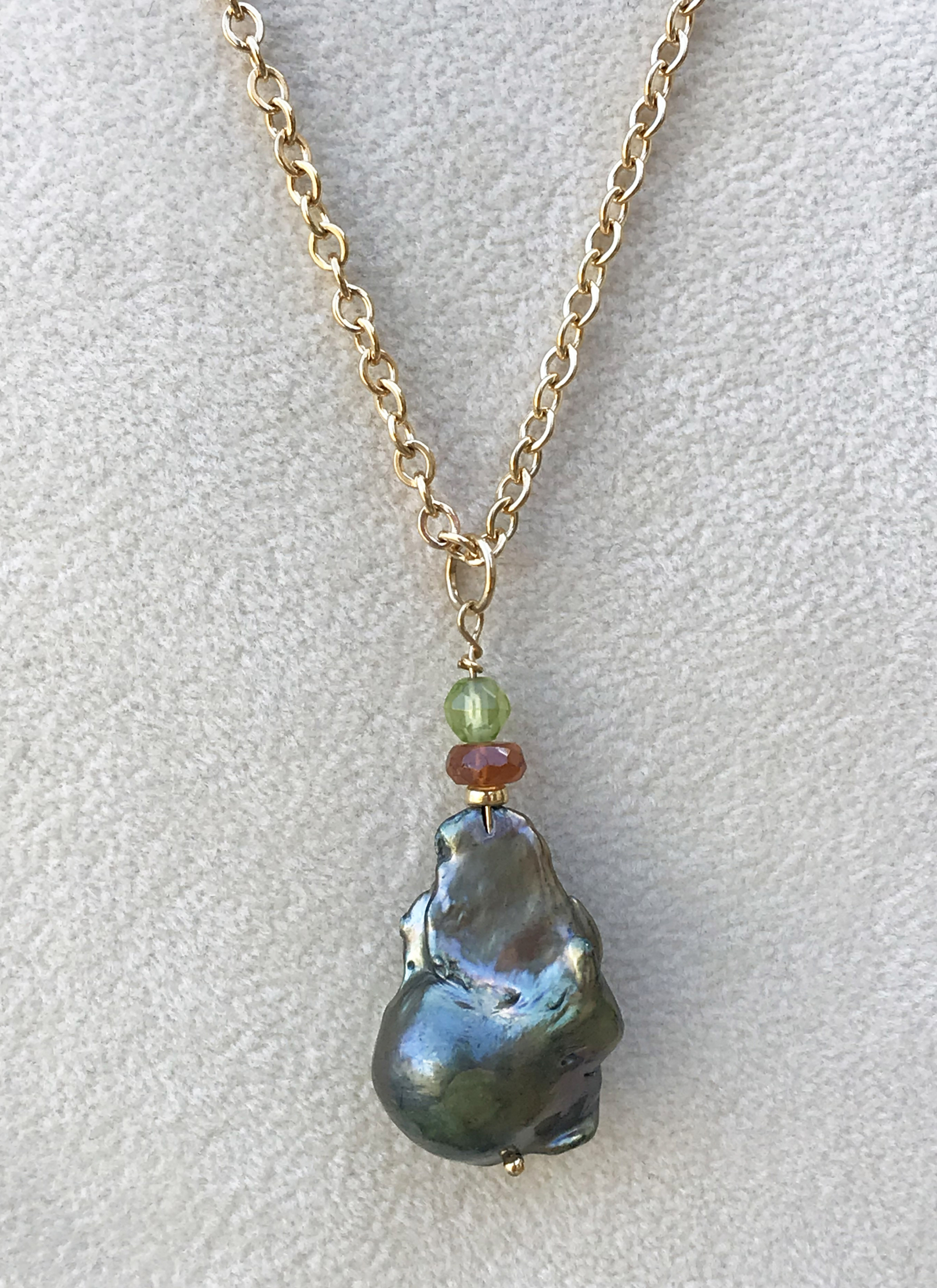 Green Baroque Pearl with Hessonite Garnet and Peridot | MAD Dreams Jewelry